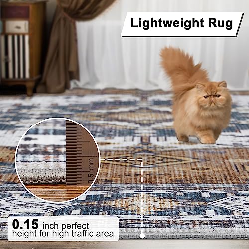 Washable Rug Living Room Rugs: 8x10 Area Rug Large Boho Medallion Distressed Carpets Indoor Soft Floor Anti Slip Carpet for Under Dining Table Bedroom Farmhouse Home Office - Blue/Orange Brown