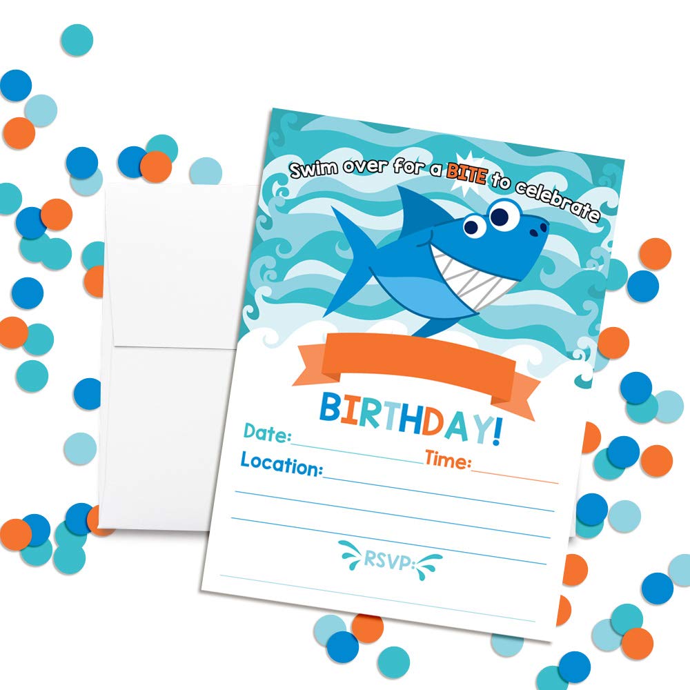 Smiling Shark Bite Birthday Party Invitations, 20 5x7 Fill In Cards with Twenty White Envelopes by AmandaCreation
