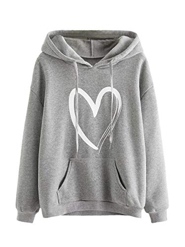 SweatyRocks Women's Casual Heart Print Long Sleeve Pullover Hoodie Sweatshirt Tops Grey XL