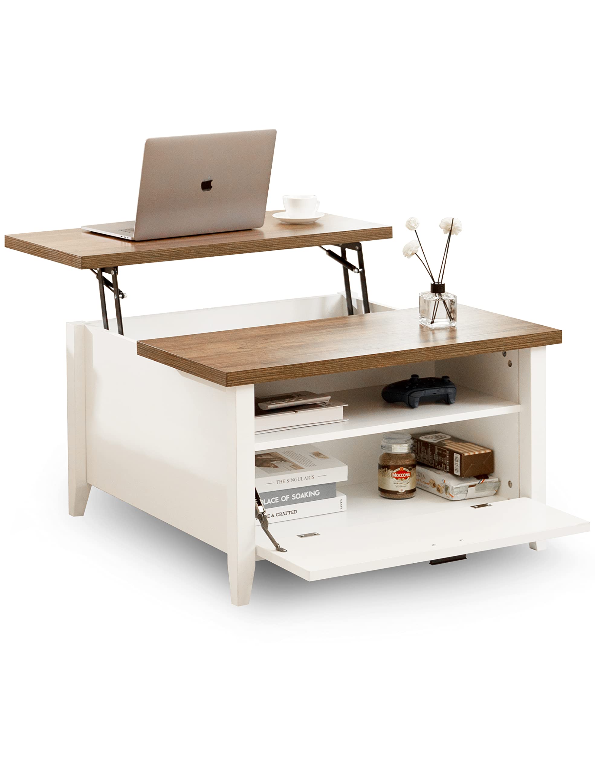 Evajoy Lift Top Coffee Table, Ergonomic Rising Table with Hidden Compartment, Dining Table with Storage Shelf, Retro Coffee Table, Farmhouse Storage with Lift Tabletop for Living Room, Office,White