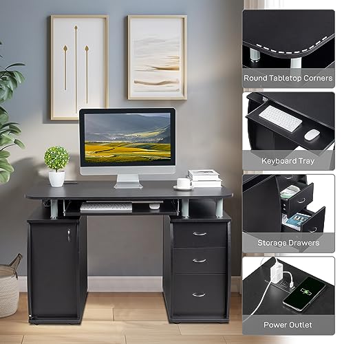 DESIGNSCAPE3D Modern Black Computer Desk with Keyboard Tray, 3 Drawers, and Charging Station - Home Office Desk for Efficiency and Style