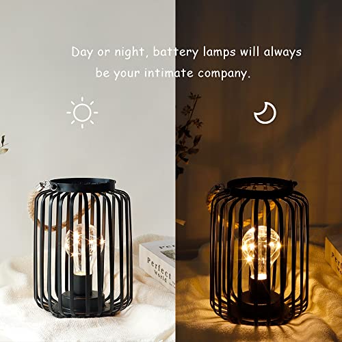 JHY DESIGN 7.5" High Metal Cage Decorative Lamp Battery Powered Cordless Warm White Light with LED Edison Style Bulb Great for Weddings Parties Patio Events Indoors Outdoors with Hemp Rope Handle