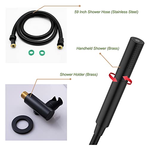 KATAIS Matte Black Solid Brass 2 In 1 Function Handheld Shower Wand Head Combo, High Pressure Round Hand Black Shower Head with 59 Inch Hose and Holder, High Flow