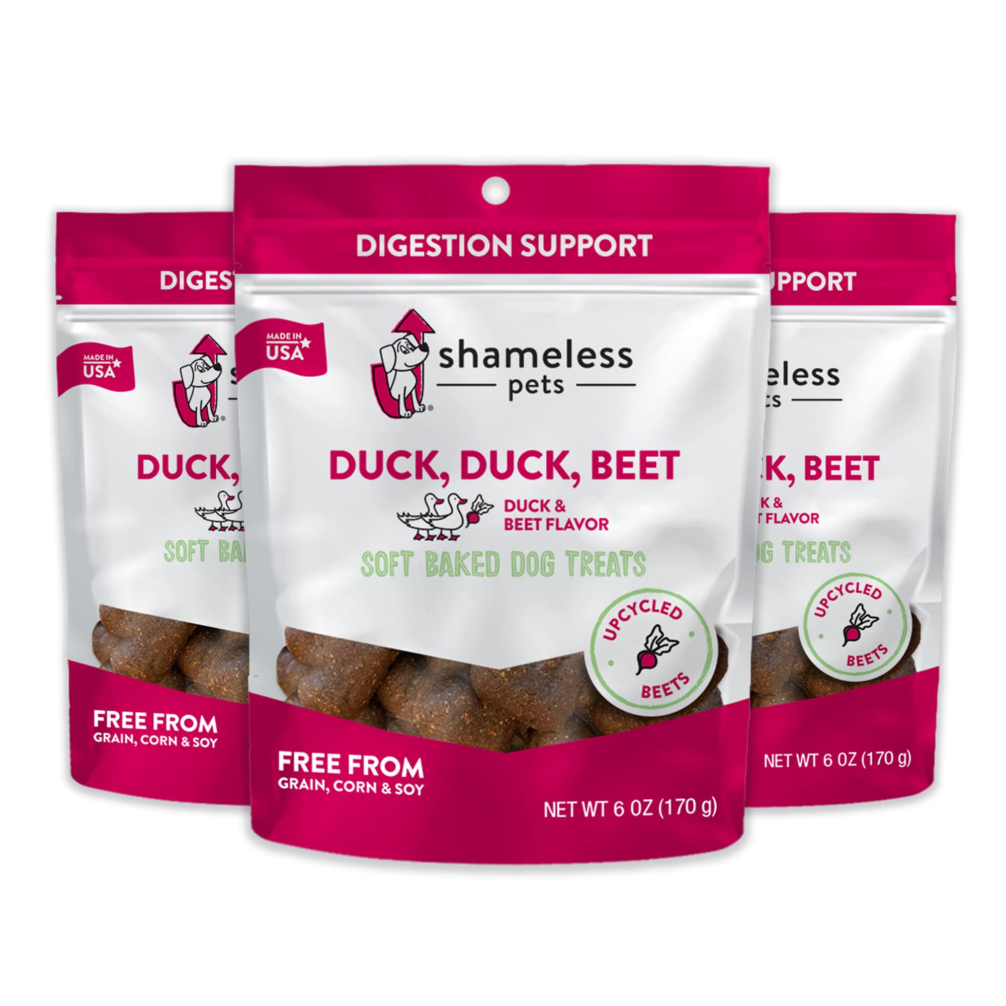 SHAMELESS PETS Soft-Baked Dog Treats, 6oz (Duck Duck, Beet 3-Pk) | Natural, Grain-Free Dog Biscuits | Supports Healthy Digestion | Made w/Upcycled Ingredients