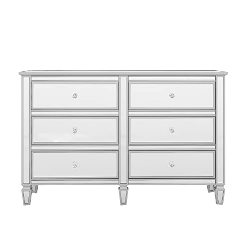 SOFTSEA Modern 6 Drawer Mirrored Dresser, Glass Dresser & Chest of Drawers for Bedroom, Silver Finished Storage Cabinet with Crystal Knobs, Easy Assembly