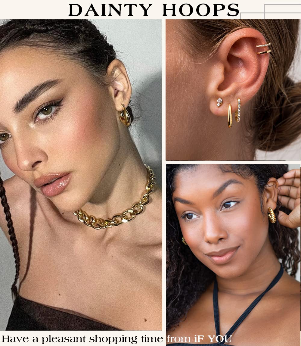 Gold Hoop Earrings for Women,14K Gold Plated Thick Hoop Earrings Pack, Chunky Hoops Set Hypoallergenic, Small Hoop Jewelry