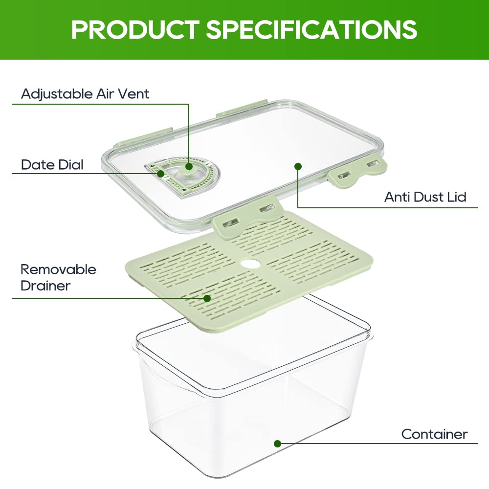 Fruit Storage Containers for Fridge 3 Pack Vegetable Produce Saver Container Refrigerator with Lid & Removable Tray Air Vents, Time Remember, BPA-Free Kitchen Organizer Bins Lettuce Salad Berry Keeper