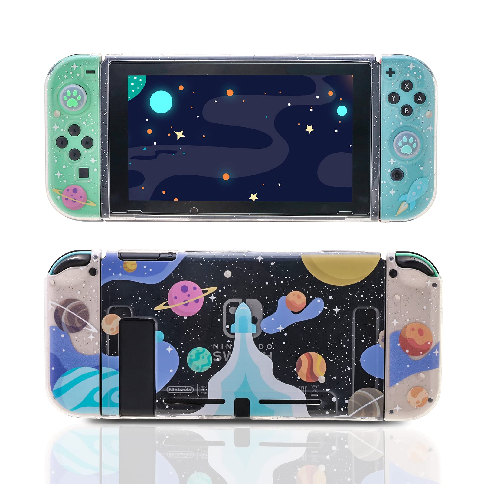 ECHZOVE Switch Glitter Case, Switch Cute Case with Tempered Glass Screen Protector and Thumb Grip Caps - Rocket