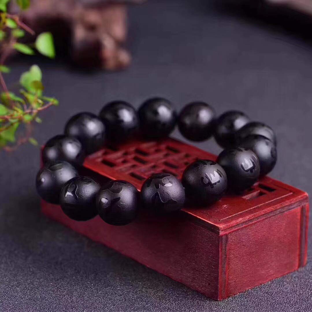 Feng Shui bracelet black obsidian 14mm Matte surface Hand Carved Mantra Bead Attract Good Luck Wealth and Prosperity Men Women Bangle