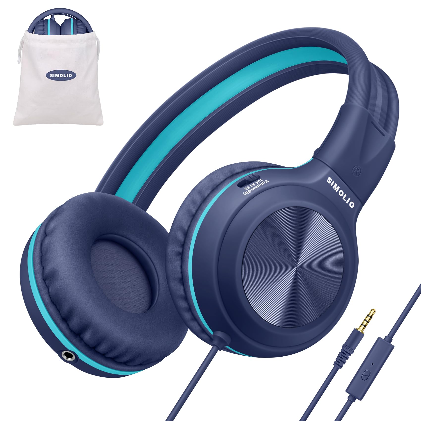 SIMOLIO Wired Kids Headphones for School with Microphone, Volume Limiting & Noise Cancelling PC Headset with Cord, Plug in Headphones for Tablet, Headphones with Cord for Laptop (Navy Blue)