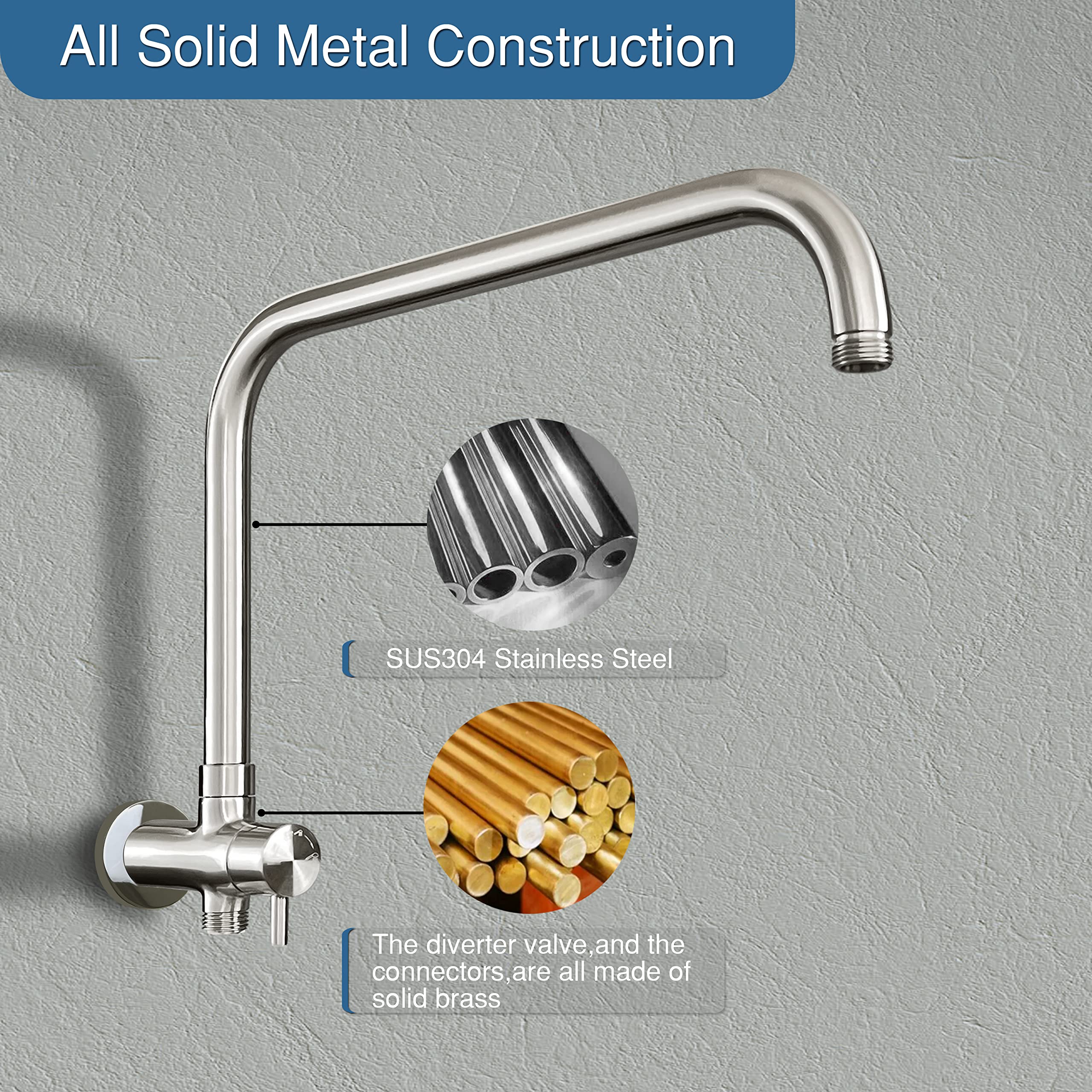 HOMVIVA® All Solid Metal 3-Way Shower Arm Diverter Valve with 16 Inch Shower Head Extension Arm And High Rise Extender for Handheld and Fixed Shower Head, G1/2 Universal with Flange,Brushed Nickel
