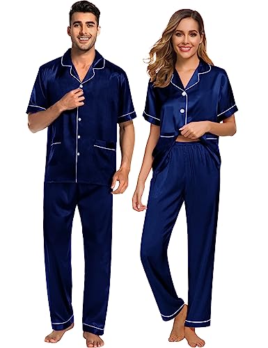 SWOMOG Women's Satin Pjs Set Two Piece Lounge Set Button Down Sleepwear Silk Pajamas Navy Blue