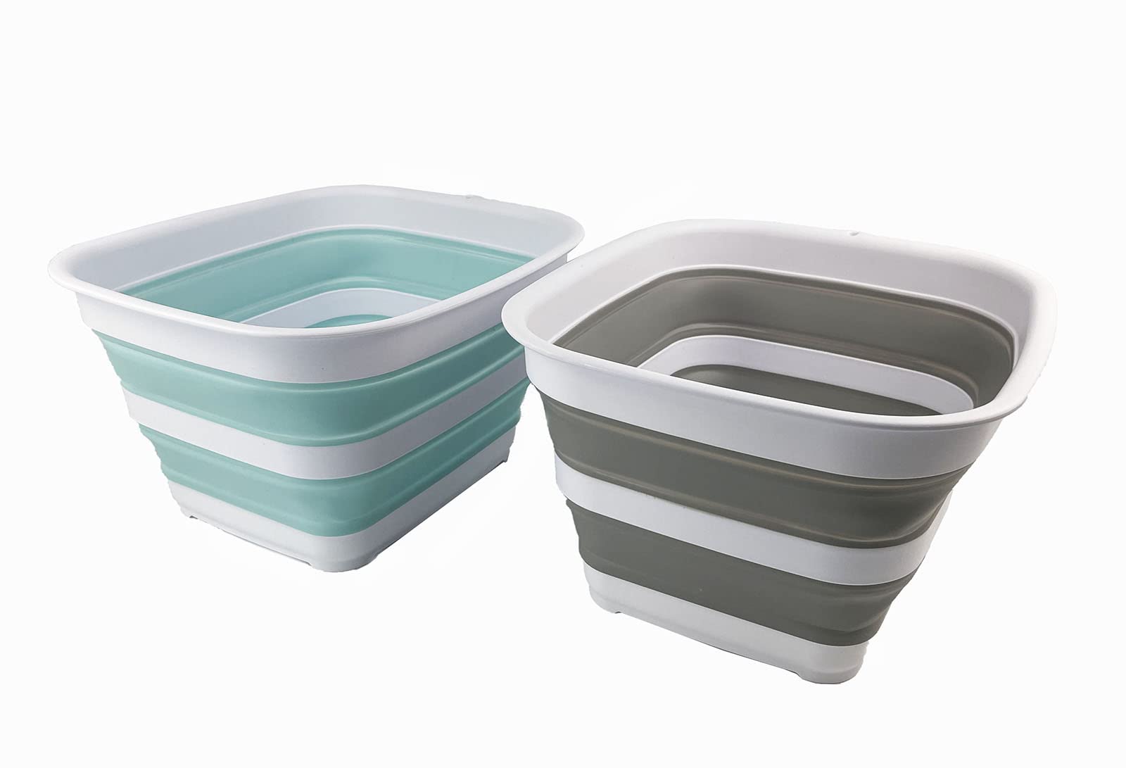 SAMMART 15L (3.9 gallons) Collapsible Plastic Washing Tub - Foldable Washtub - Portable Washing Basin - Space Saving Easy Storage (Lake Green+Grey (Set of 2))
