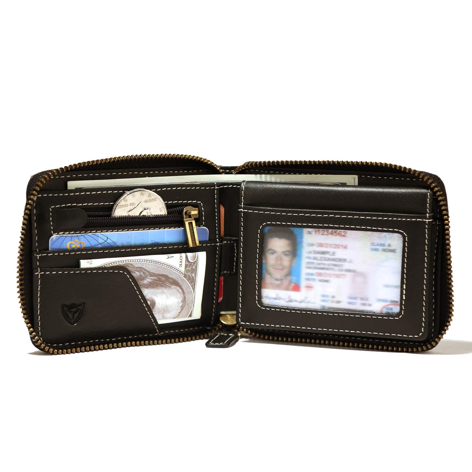 DONWORD RFID Men's Leather Zipper wallet Zip Around Wallet Bifold Multi Card Holder Purse (Black)