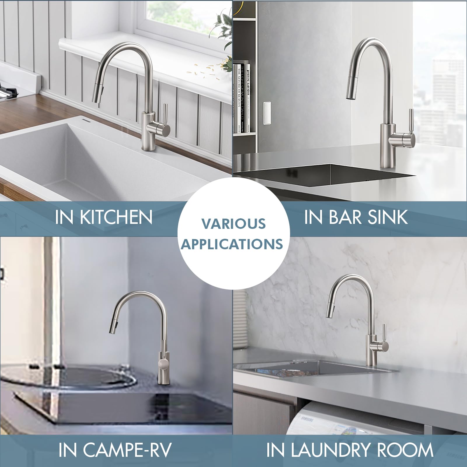 Kitchen Faucet with Pull Down Sprayer OUEN Brushed Nickel Modern Single Handle High Arc Pull Out Kitchen Sink Faucets with Deck Plate for Laundry RV Farmhouse, Brass Structure, 15.7" Height