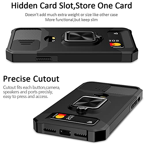Nvollnoe for iPhone XR Case with Sliding Camera Cover and Card Holder Heavy Duty Protective iPhone XR Case with Ring Magnetic Kickstand Phone Case for iPhone XR 6.1''(Black)