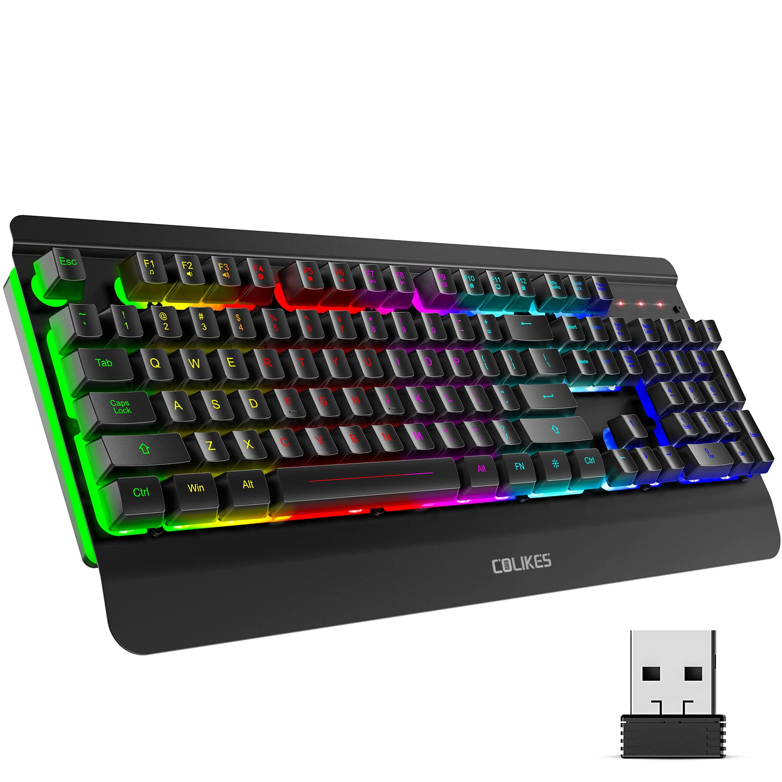 Gaming Keyboard Wireless, Light Up LED Backlit, Rechargeable Keyboard 50 Hours Battery Life & Sleep Mode & Indicators, Quiet, Ergonomic Metal Wrist Rest for PC Computer Gamer - 2.4G USB, Black