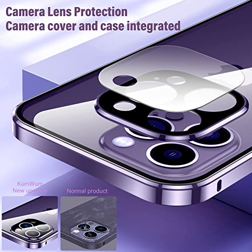 KumWum Magnetic Case for iPhone 14 Pro Max Front and Back Protection Ultra-Thin Tempered Glass Screen Protector Metal Bumper Double Sided Buckle Clear Cover with Camera Lens Protector - Purple