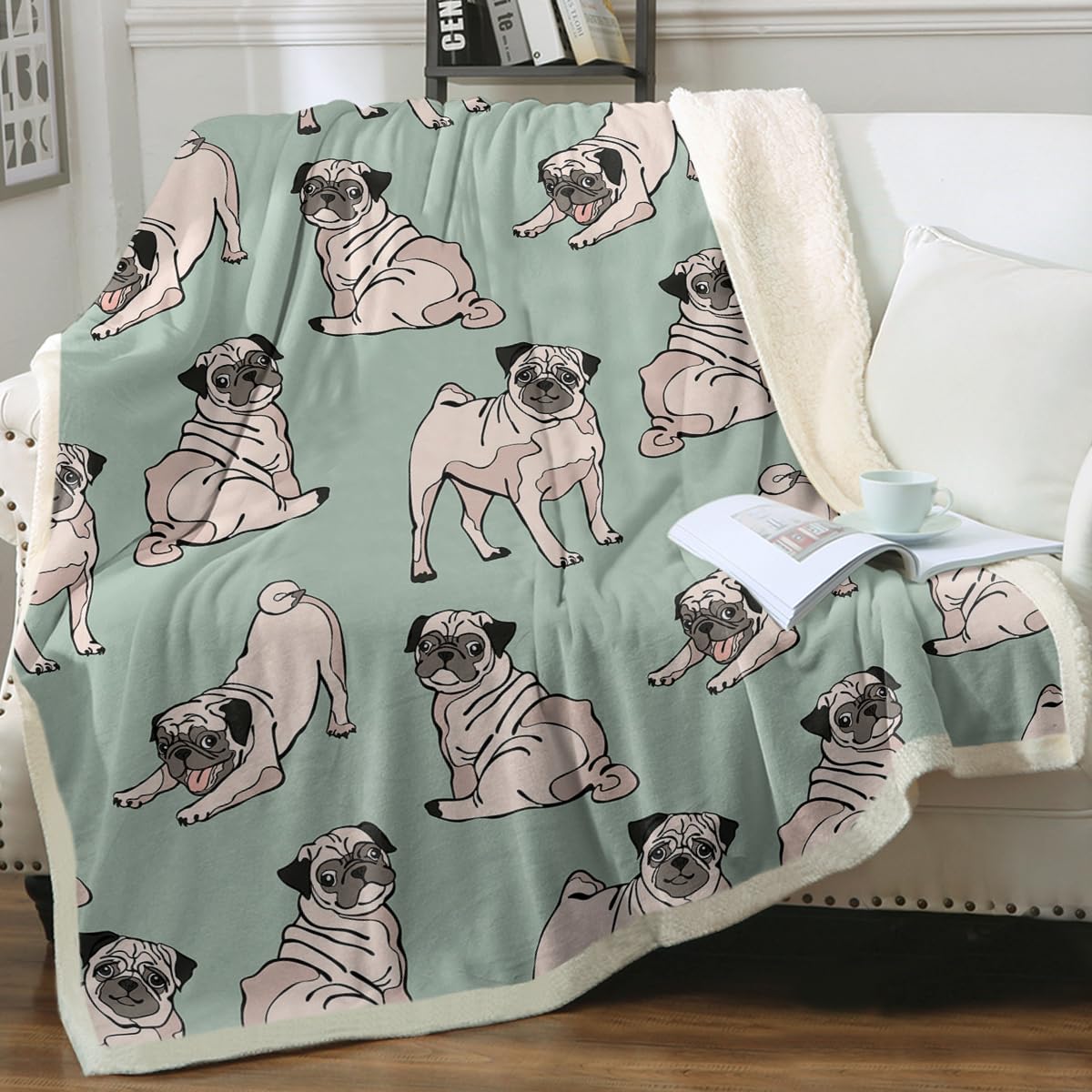 Sleepwish Pug Blankets for Kids Pug Fleece Throw Blanket Cute Pug Gifts for Girls Boys Soft Dog Animal Sherpa Blanket Pug Blankets and Throws for Couch Adults, Green (50" X 60")