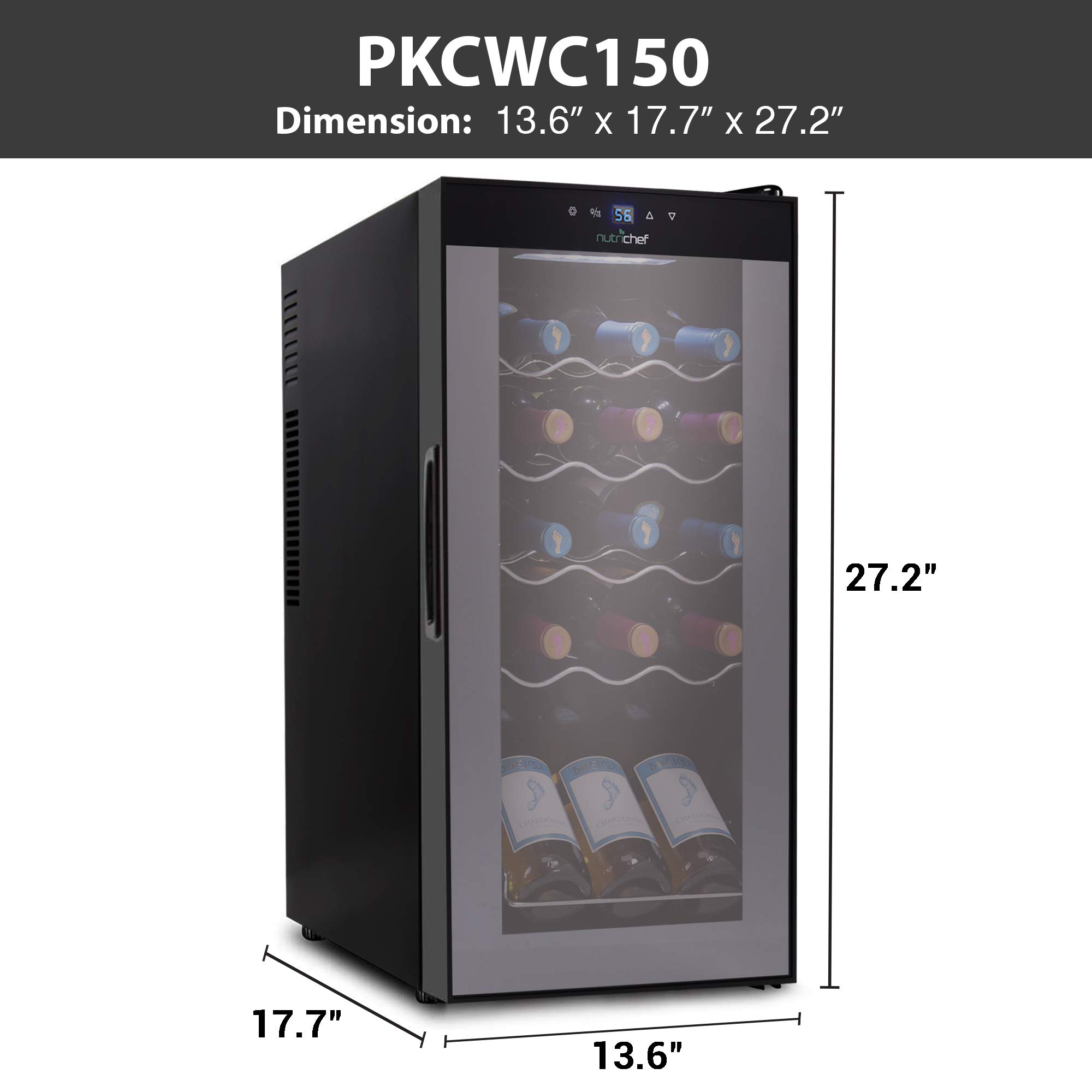 NutriChef 15 Bottle Compressor Refrigerator White & Red Chiller Countertop Cooler-Freestanding Compact Mini Wine Fridge Capacity, Digital Control, Glass Door, Black