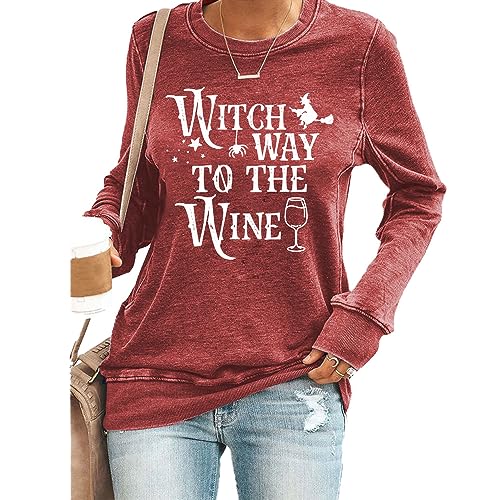 SUTCAY Witch Way to the Wine Shirt Halloween Witch Sweatshirt Halloween Wine Shirt Wine Drinker Gift Halloween Shirts Witchy Gifts Graphic Sweatshirt Witch Way to the Wine Halloween Shirt