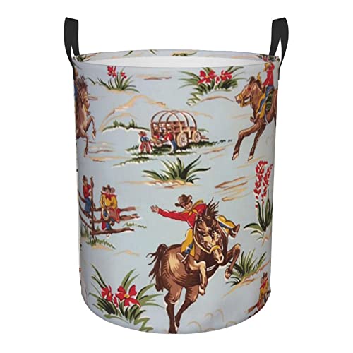 Waterproof Vintage Cowboys And Horses Style Circular Hamper Round Laundry Baskets Foldable Laundry Bags For Family/Kids/Bathroom/Bedroom/Dorm Medium