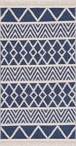 Keen Home Design Area Rugs - 2x4 Reversible and Machine Washable Boho Rug - 100% Cotton - Two Sided Rug for Living Room, Kitchen, Hallway, Bedroom, Entryway - (2β x 3β7ββ, Navy)