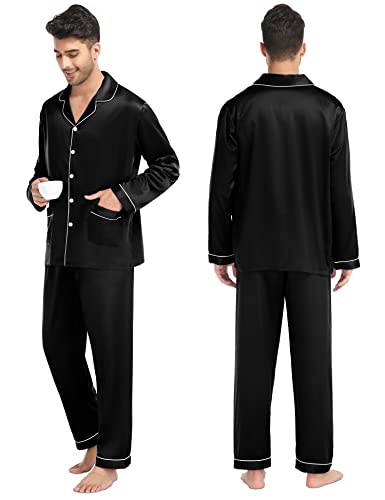 SWOMOG Womens Silk Satin Pajamas Long Sleeve Loungewear Two-piece Sleepwear Button Down Pj Set Black