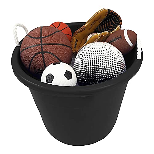 Homz 18 Gallon Durable Plastic Utility Storage Bucket Tub Organizers with Strong Rope Handles for Indoor and Outdoor Use, Black, 6 Pack