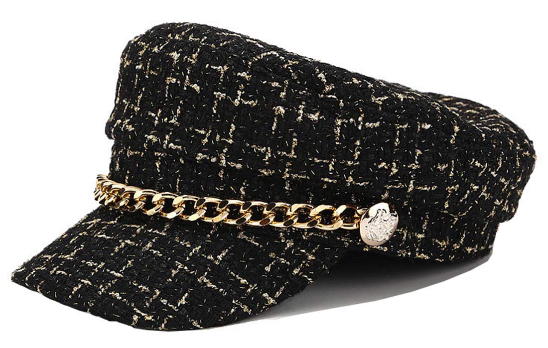 Women Plaid-Tweed Newsboy-Baker-Boy Hat Captain-Sailor Fisherman Hat Peaked-Beret with Chain Black