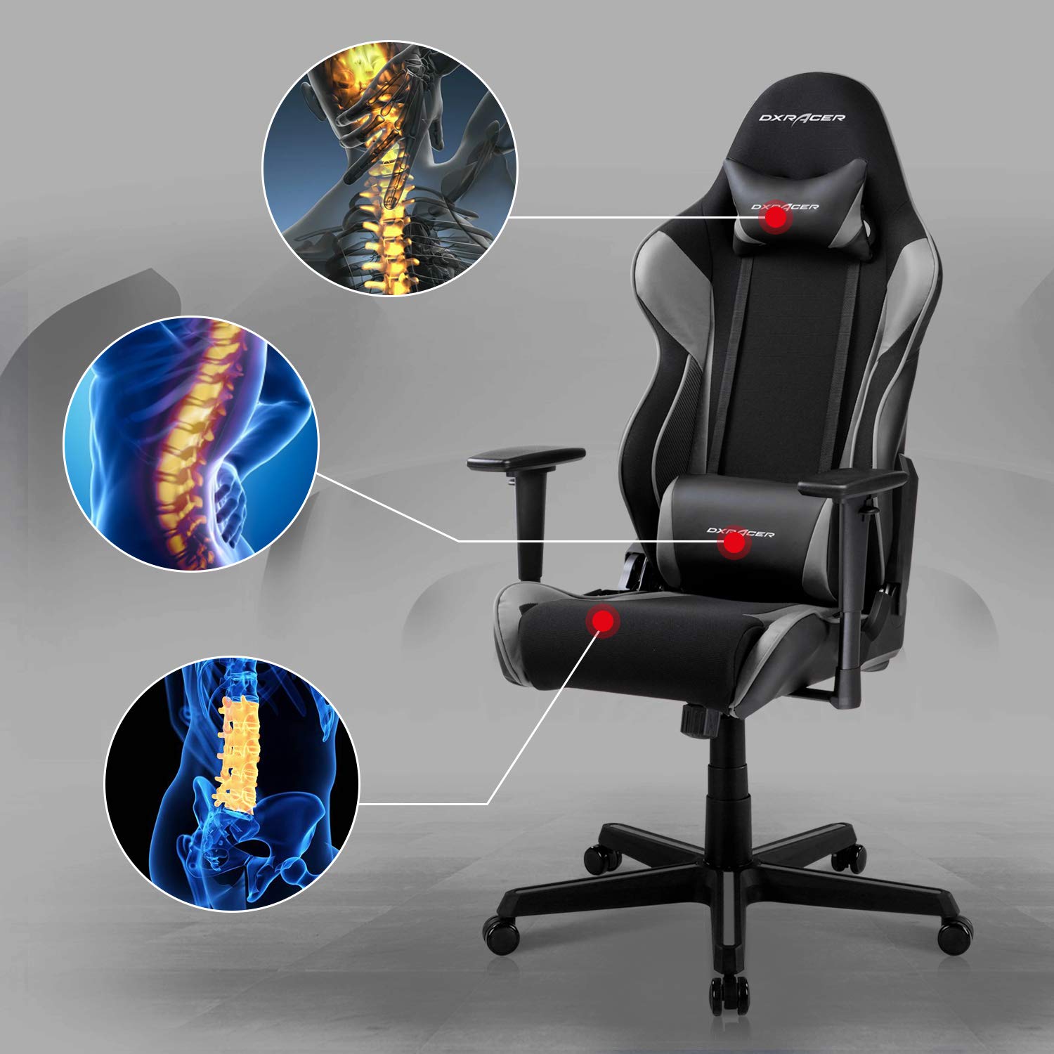 DXRacer Master Suede Racing Series Adjustable Ergonomic Computer Gaming Home Office Leather Desk Chair with Lumbar Support, Swivel Base, Wheels, and Headrest, Extra Large, Black and Grey