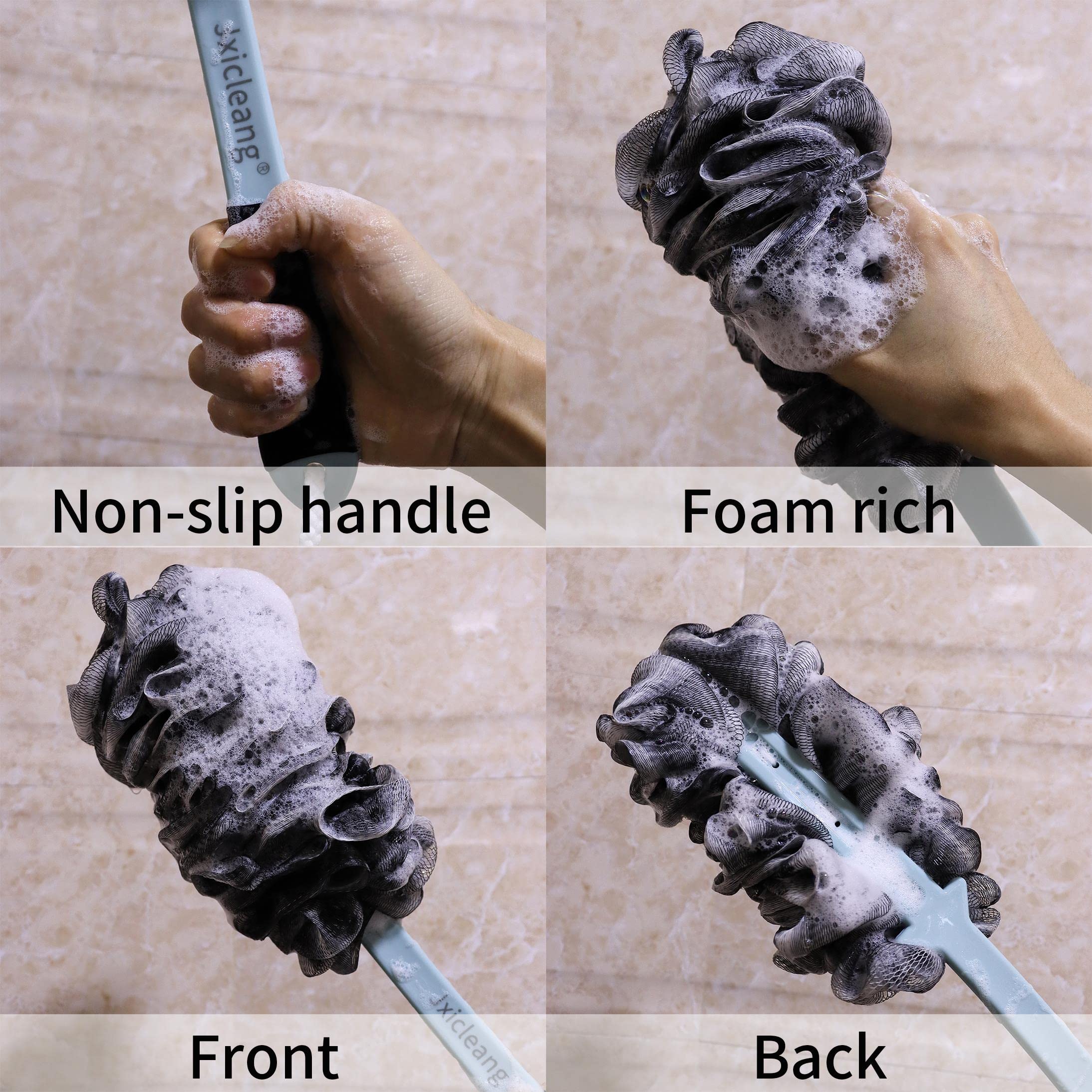 Jxicleang Non-Slip Long Handle Back Scrubber for Shower, Soft Nylon Mesh Exfoliating Back Scrub Bath Brush, Back Loofah for Men Women Elderly Kids (Light Black)