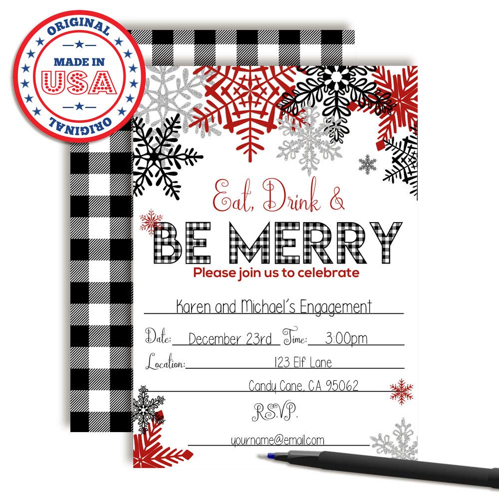 Eat Drink & Be Merry Snowflake Christmas Holiday Party Invitations, 20 5"x7" Fill In Cards with Twenty White Envelopes by AmandaCreation