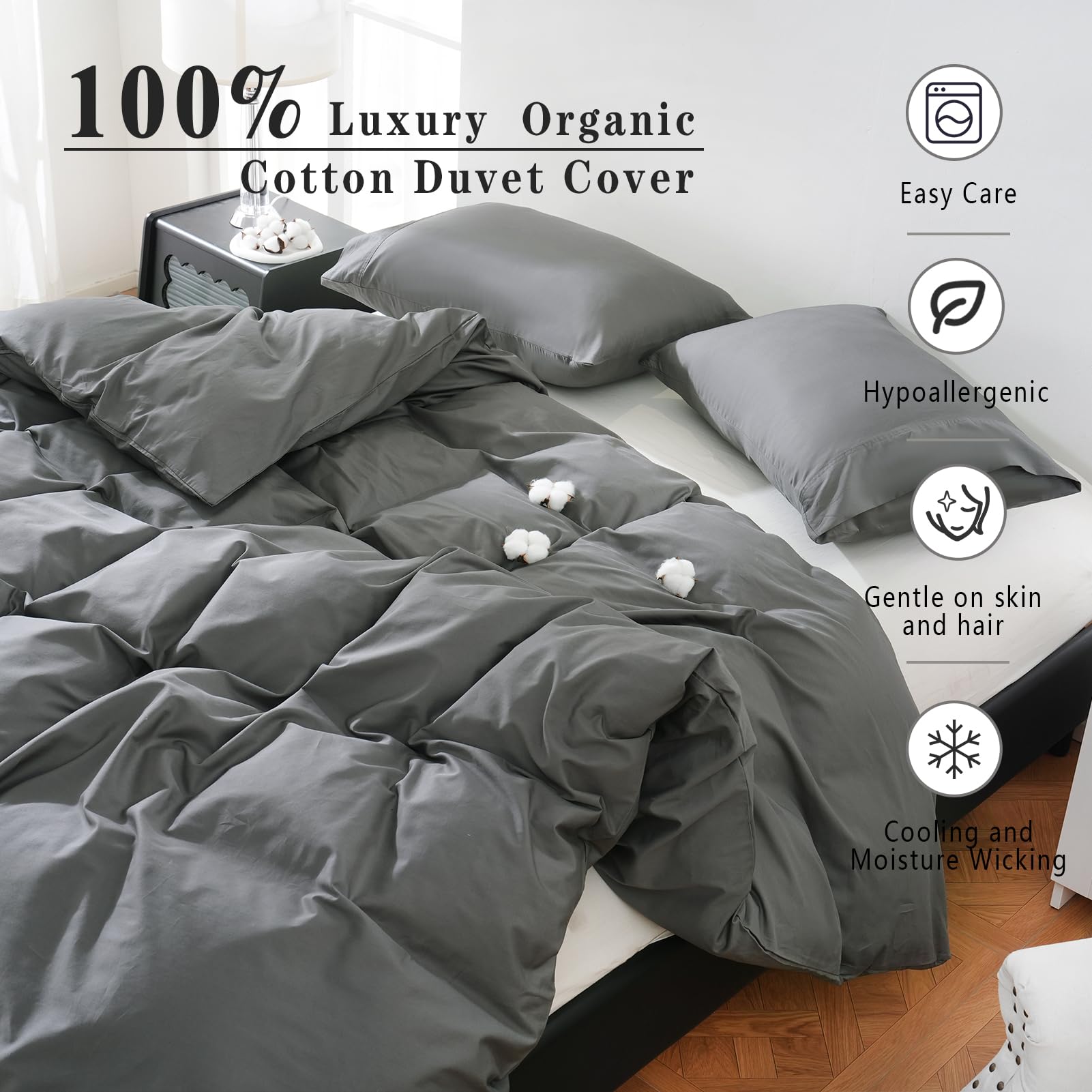 Overket 100% Organic Cotton Duvet Cover Queen Size Luxury 400 Thread Count Duvet Cover Queen Size Sateen Comforter Cover Soft and Breathable Cooling Bedding Set 3 Piece(Dark Grey,Queen)