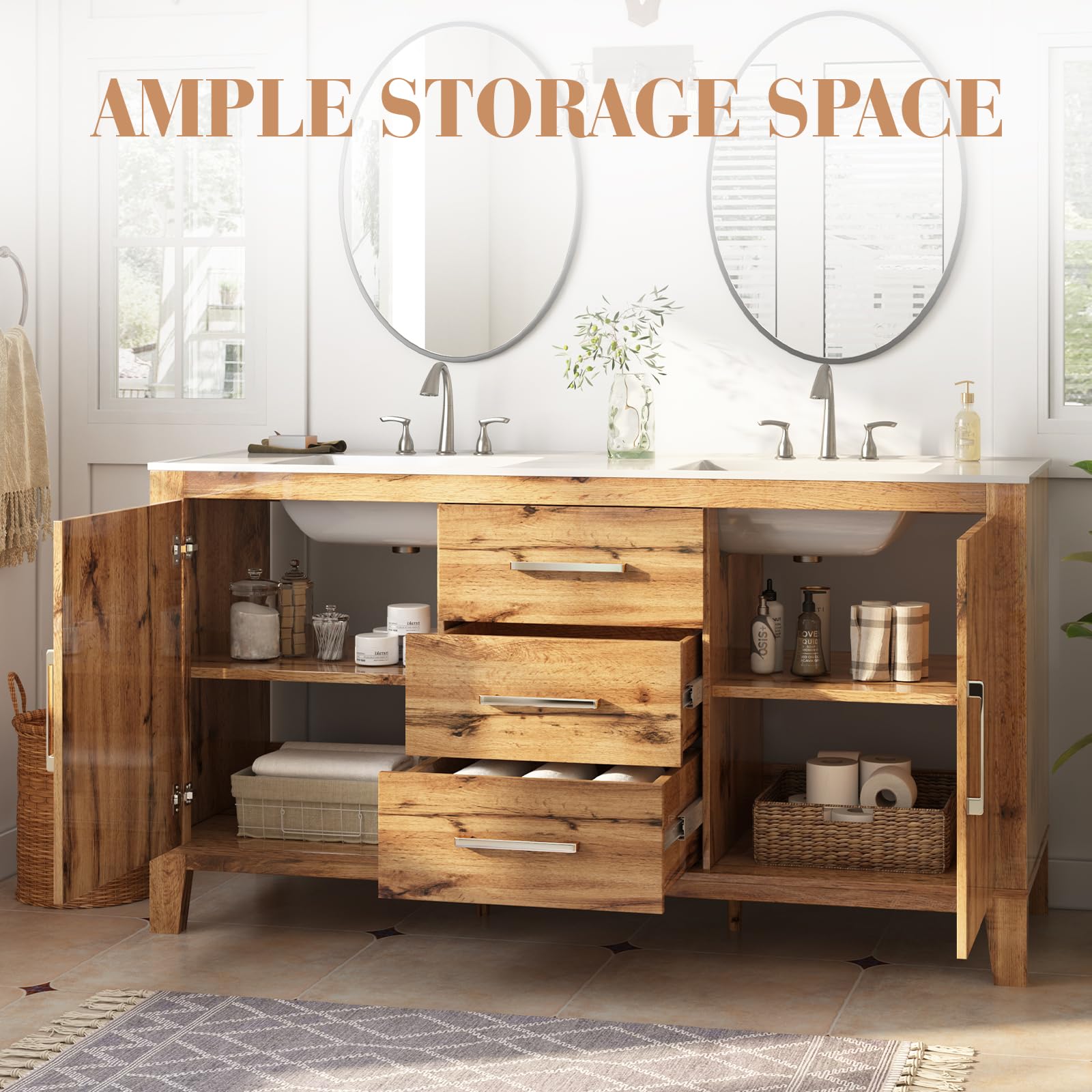 LUXOAK High Gloss 60" Bathroom Double Vanity with Sink, Wood Grains Bathroom Cabinet with Storage & Aluminum Handles & Soft Closing Doors, Retro, Yellow Oak