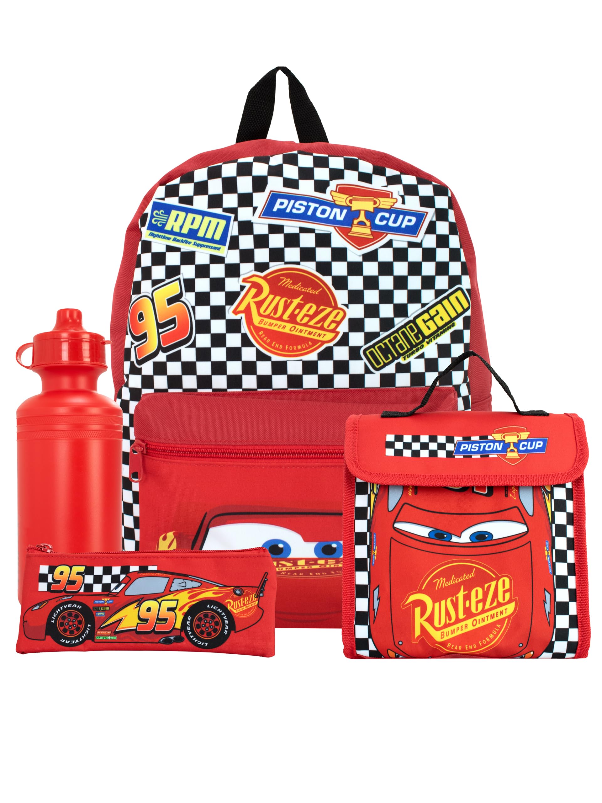 Disney Cars Backpack Set 4 Piece | Lightning McQueen Backpack Pencil Case Water Bottle and Lunch Bag | Children's Backpacks For School And Adventures | Official Cars Merchandise