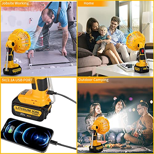 WaxPar For Dewalt Fan Cordless Jobsite Fan, USB Floor Fan Industrial fan with Light Compatible with Dewalt 14.4-20V Li-Ion Battery, Remote, 3 Wind/Brightness Modes, Timer