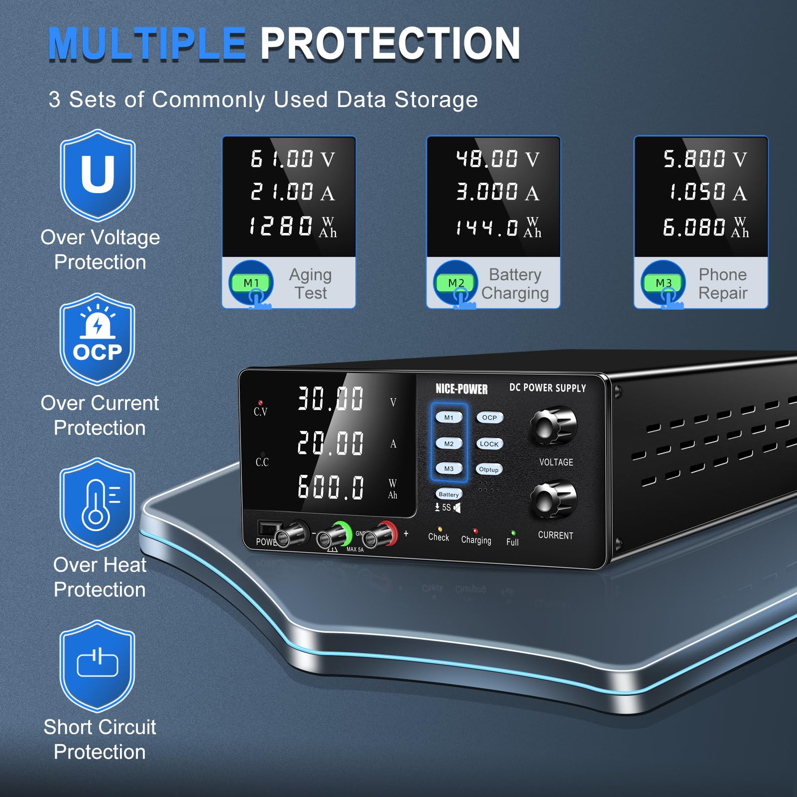 NICE-POWER DC Power Supply Variable, 30V 20A 600W High Power Bench Power Supply for Battery Charging, Adjustable Switching Regulated Power Supply with OCP, Memory Storage, Output Switch, Lock Button