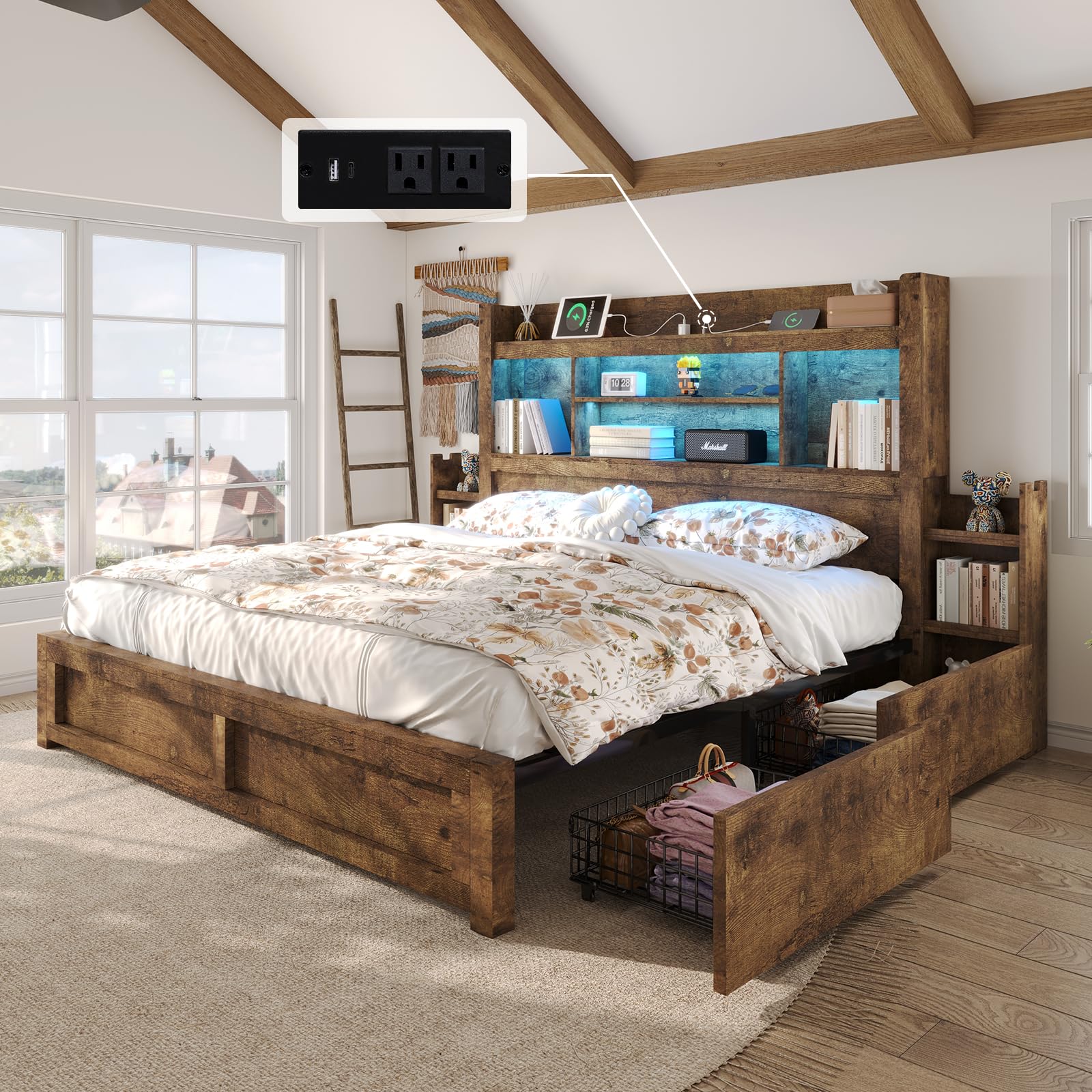 LUXOAK King Bed Frame with 49.6" Bookcase Headboard & 2 Bedside Stoage Racks & 4 Drawers, Farmhouse Wood Bed Frame with RGB LED & Charging Station, No Box Spring Needed, Rustic Brown