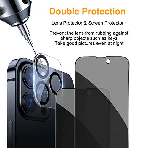 Pehael [2+2 Pack] iPhone 14 Pro Privacy Screen Protector with Camera Lens Protector Full Coverage Anti-Spy Tempered Glass Film 9H Hardness Upgrade Edge Protection Easy Installation Bubble Free Specially Designed for 2022 [6.1 inch]