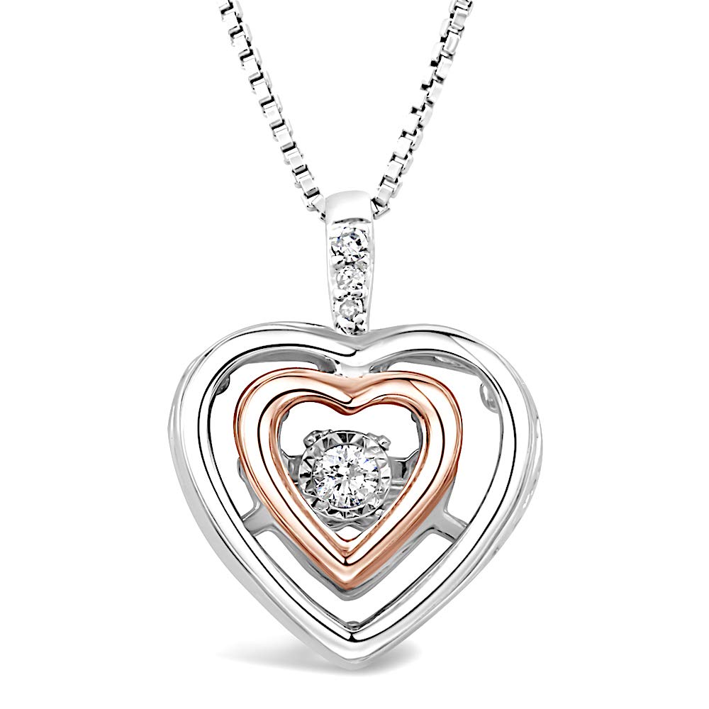Diamond Heart Necklace in Sterling Silver and 10k Rose Gold - 18 Inch Box Chain