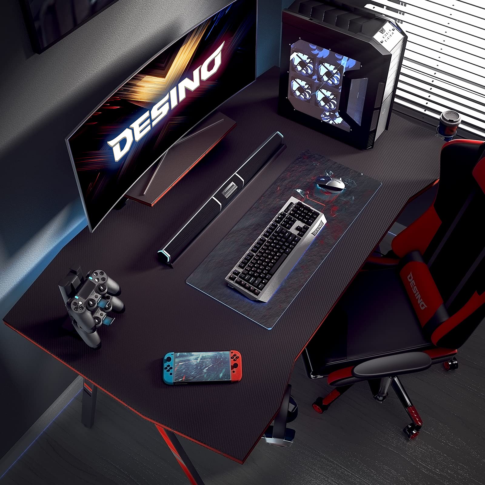 DESINO Gaming Desk 47 inch PC Computer Desk, Home Office Desk Table Gamer Workstation with Cup Holder and Headphone Hook, Black