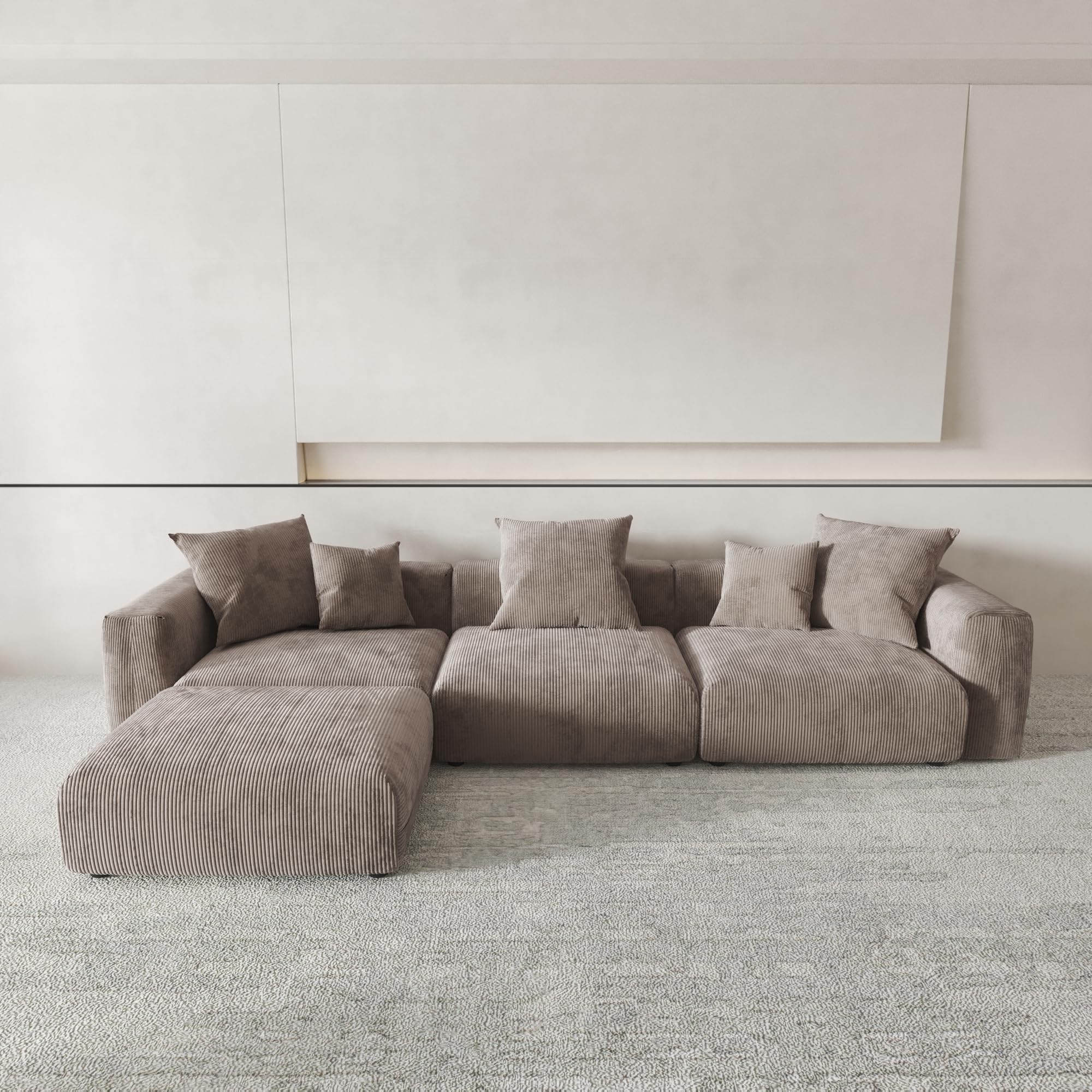 Sdorens 141.73" Modular Sectional Sofa, L Shaped Sofa Couch with Ottoman, Corduroy Fabric Brown Sofa Couch with 5 Pillows, Oversized Sofa Set for Living Room