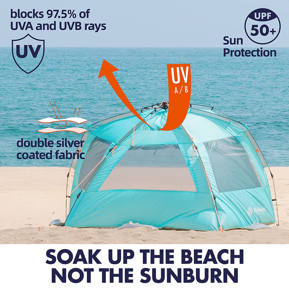 Falnex Beach Tent Classic XL Double Silver Coating UPF 50+ 4-6 Person Sun Shelter Beach Shade with Extended Zippered Floor Pacific Blue