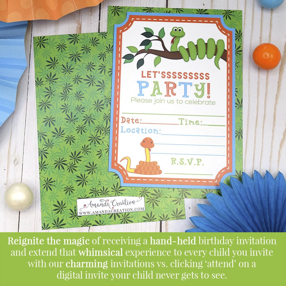 Snake Themed Birthday Party Invitations, 20 5x7 Fill In Cards with Twenty White Envelopes by AmandaCreation