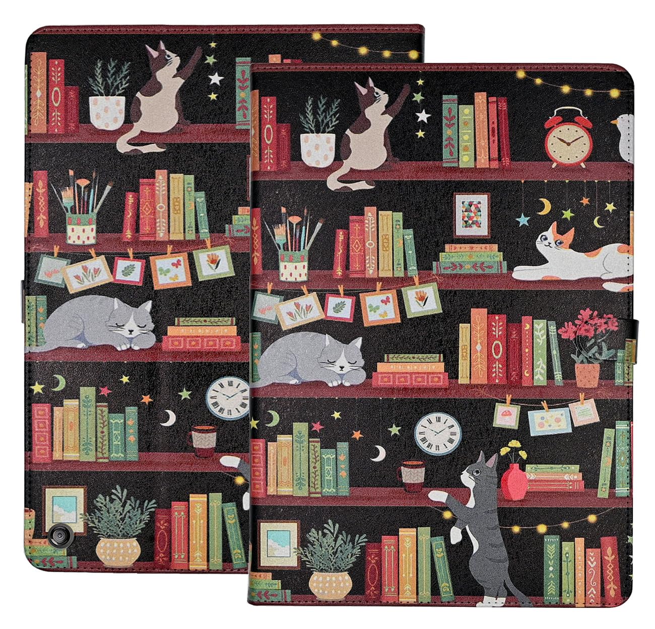 YOYOYX Case for All-New Kindle Fire HD 10 & 10 Plus Tablet (11th Generation, 2021 Release), Book Lovers Design PU Leather Folio Multi-Angle Stand TPU Back Cover, Cat Bookshelf