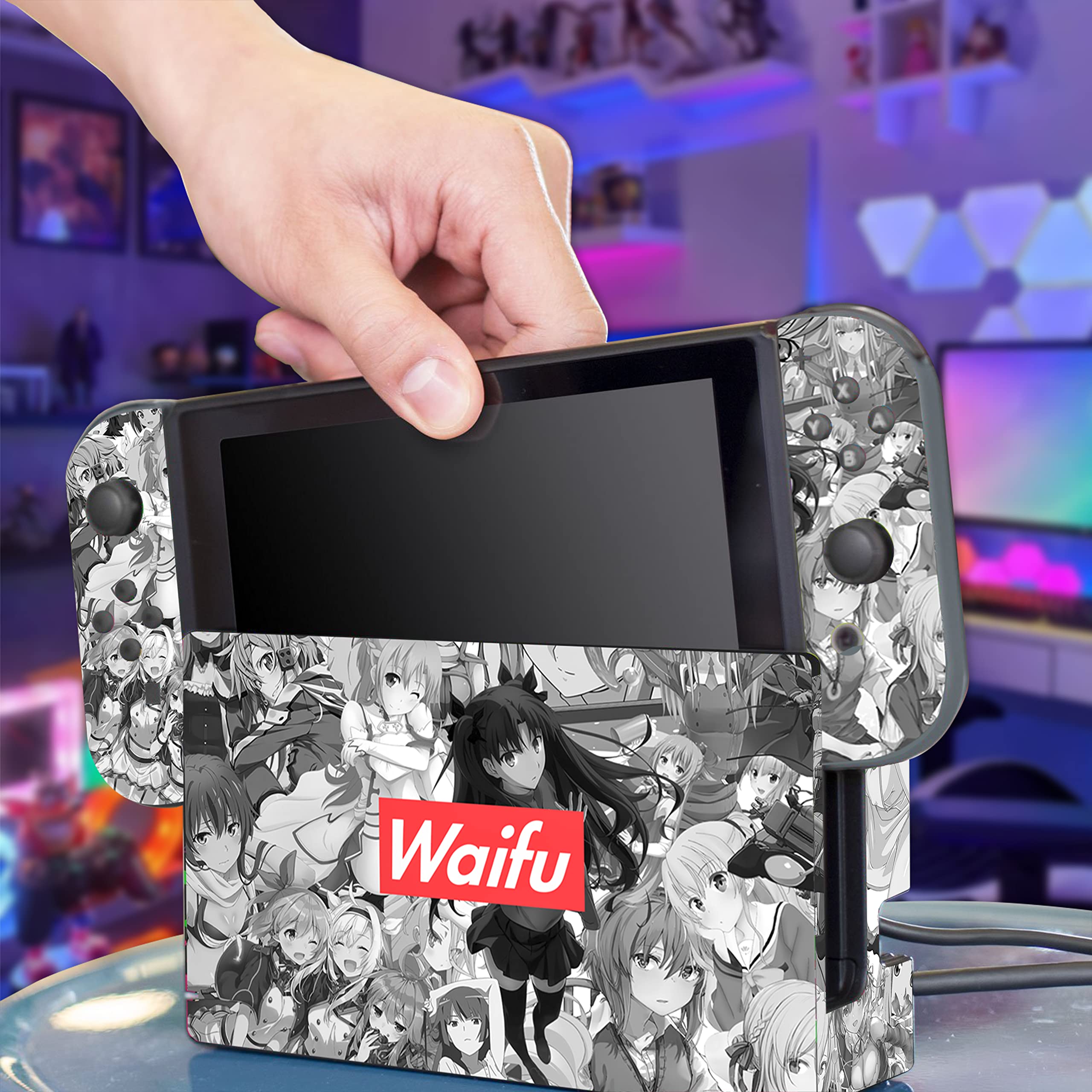 HK Studio Game Console Switch Skins - Anime Girl Game Console Switch Stickers with No Bubble, Waterproof - Game Console Switch Wrap Skin - Including Skin for Joy-Cons, Dock, Grip and Console
