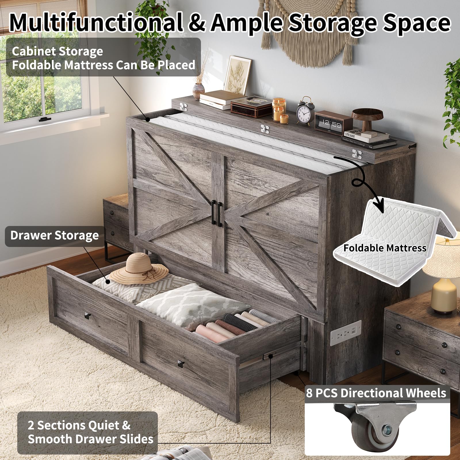 LUXOAK Murphy Bed Full Size, Cabinet Bed with Charging Station Large Storage Drawer for Home Office or Small Room, Hideaway Bed Full Foldable Platform Bed, Rustic Grey