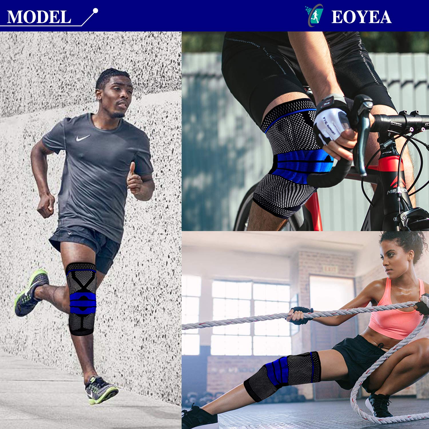 EOYEA Knee Brace Compression Sleeve for Knee Pain, Knee Brace Wraps Stabilizer with Silicone Gel & Spring Support, Knee Protector for Meniscus Tear Running for Men Women 2 pack (Blue,X-Large)