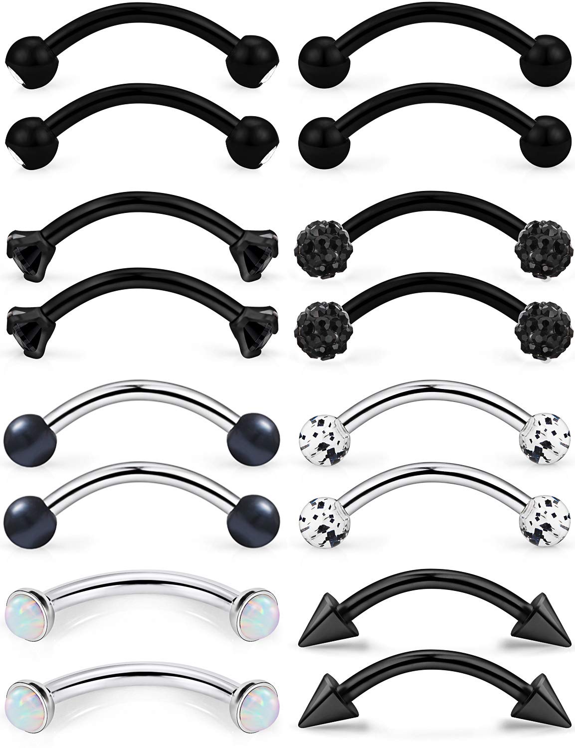 Dyknasz 16Pcs Eyebrow Rings 16G Surgical Steel Daith Helix Rook Earring Curved Barbell Opal/Diamond CZ Piercing Jewelry for Women Men 8mm 5/16 inch Black